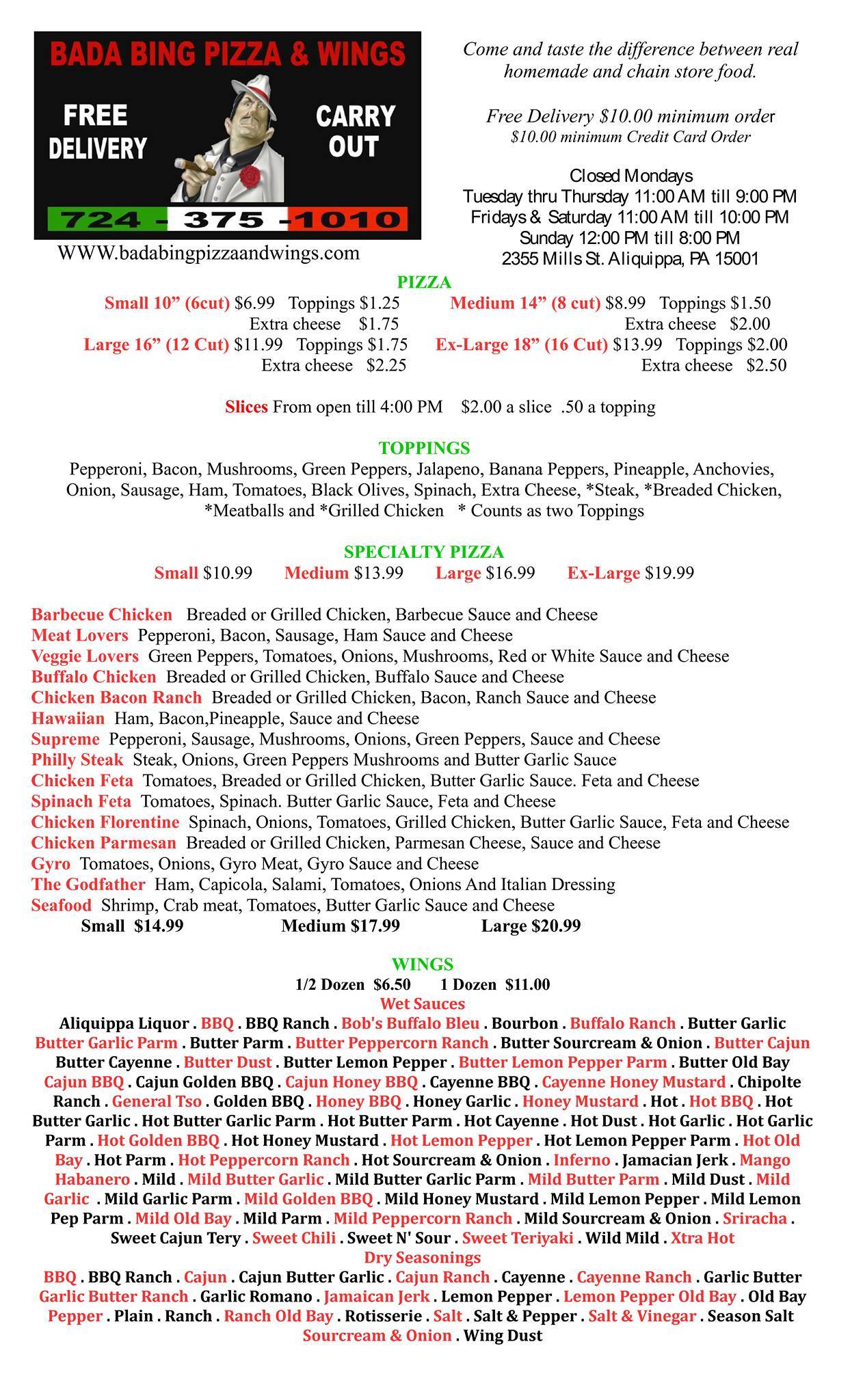Carta de pizzería Bada Bing Pizza, Monaca