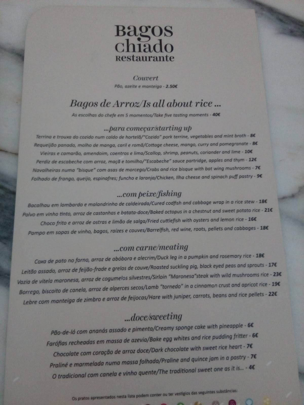 Menu at Bagos Chiado Restaurante, Lisbon, R. António Maria Cardoso 15B