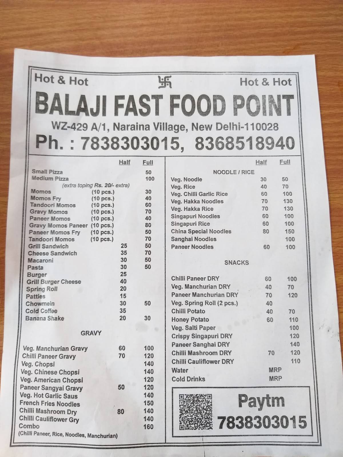 Menu at Balaji Fast Food Point, New Delhi