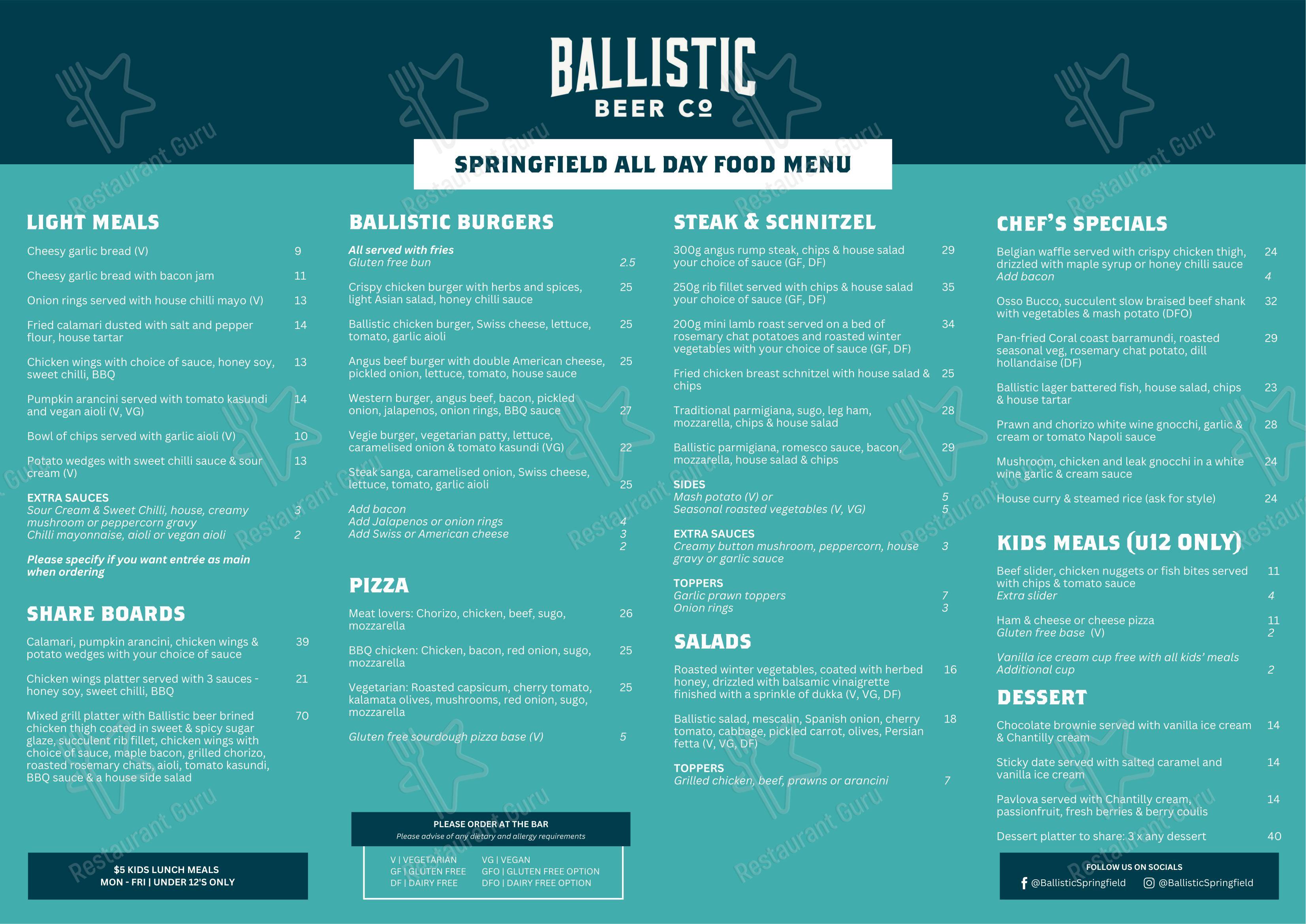 Menu at Ballistic Springfield pub & bar, Springfield Central