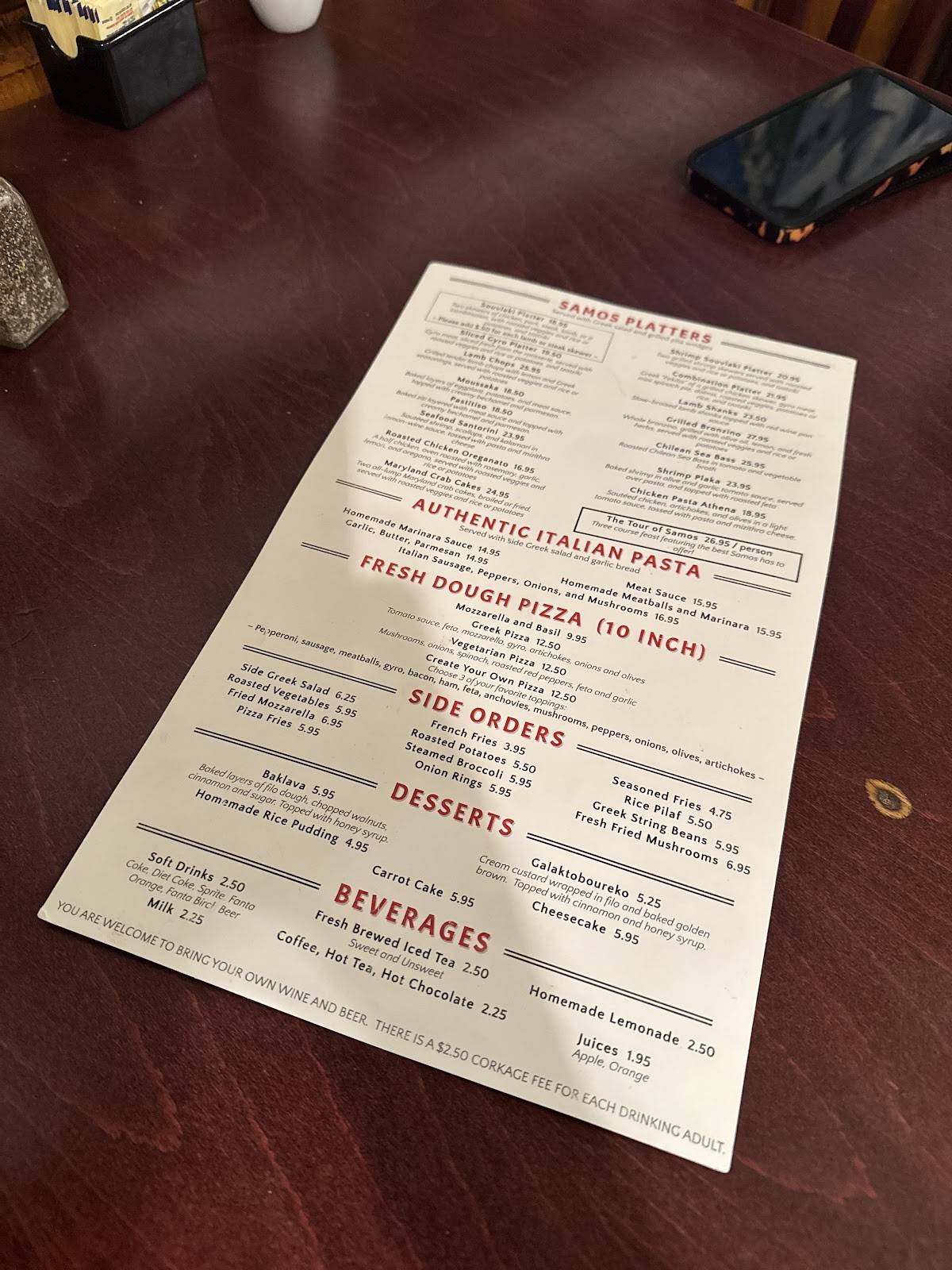 Menu at Samos Restaurant, Baltimore, 600 Oldham St