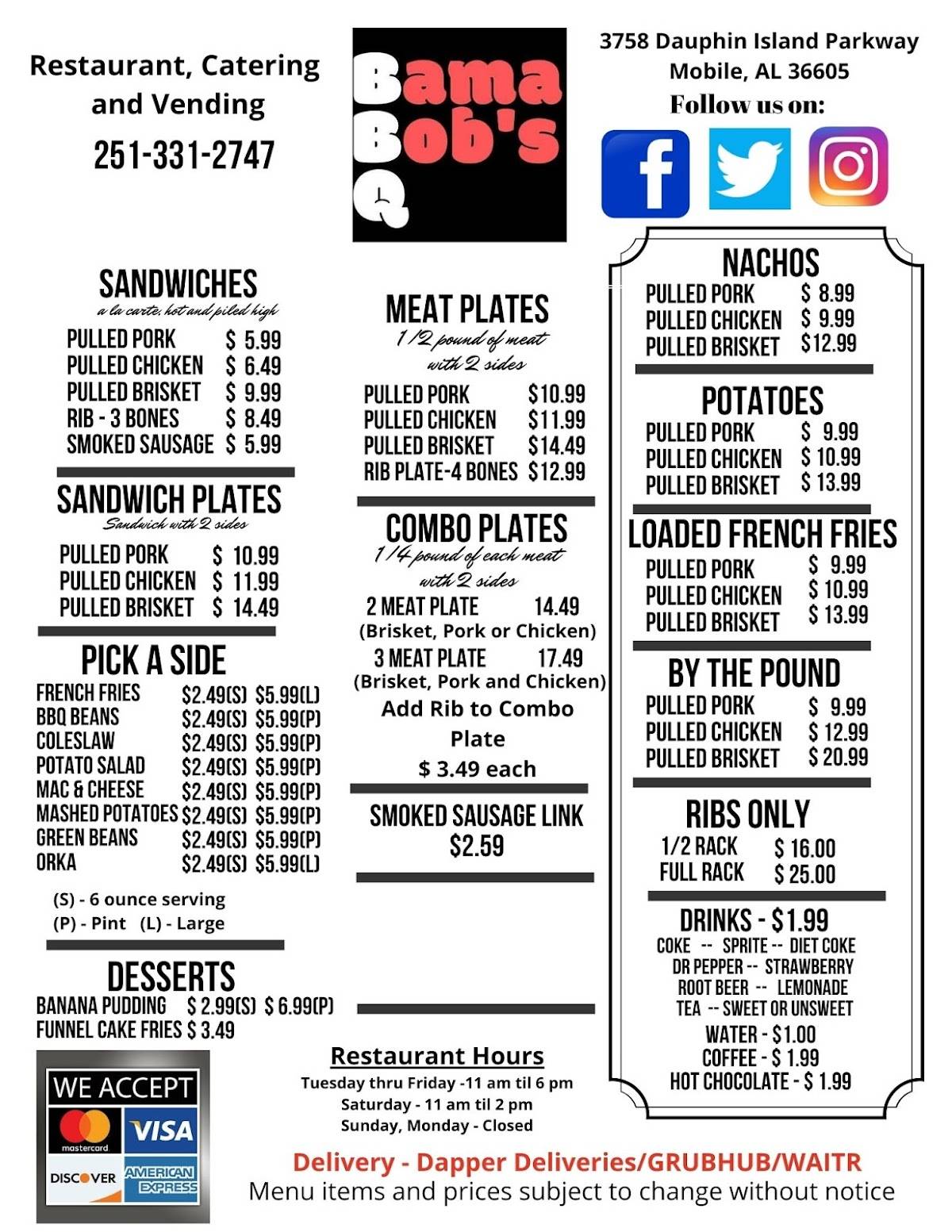 Menu at Bama Bob's BBQ, Mobile