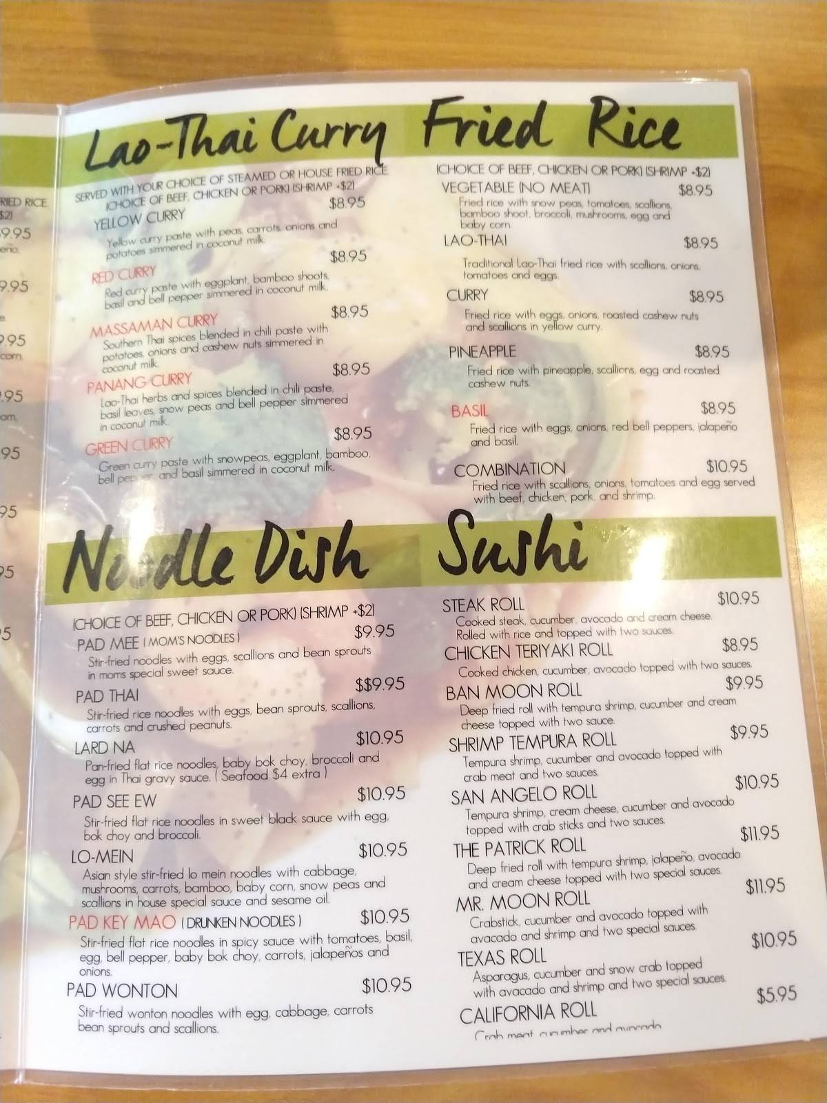 Menu at Ban Moon restaurant, San Angelo, 405 W Ave N