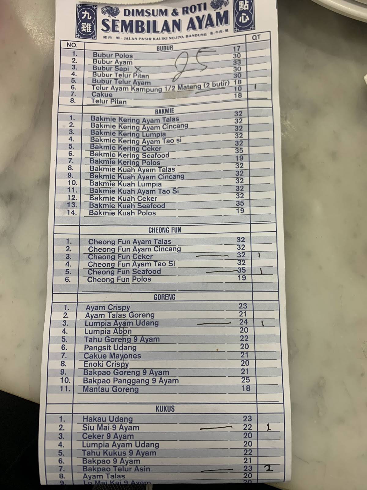 Menu at Dimsum Sembilan Ayam restaurant, Bandung, Jl. Pasir Kaliki No.170
