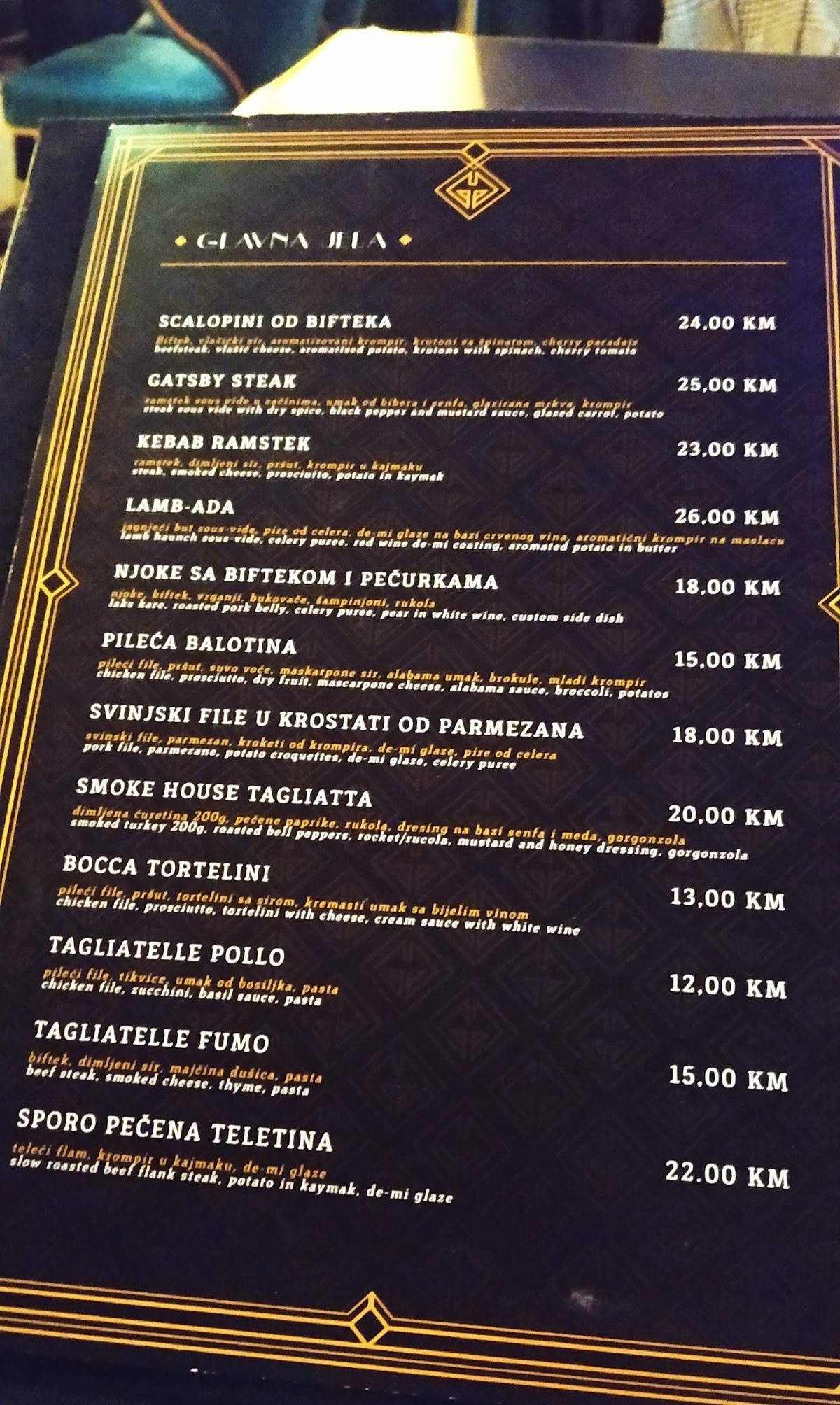 Menu at Gatsby pub & bar, Banja Luka