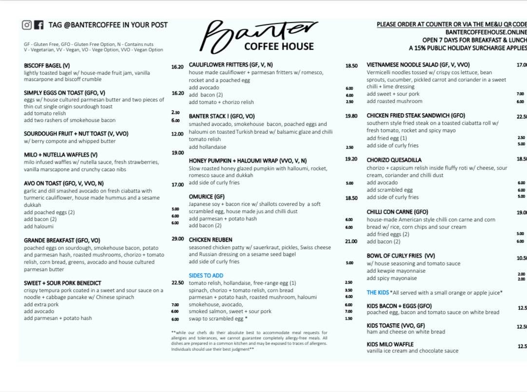 Menu at Banter Coffee House, Manly West