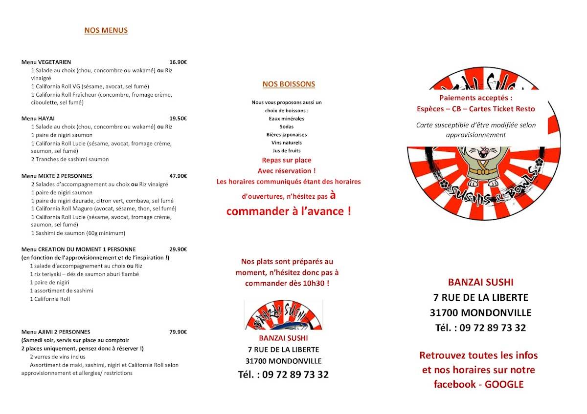 Menu at Banzaï Sushi restaurant, Mondonville