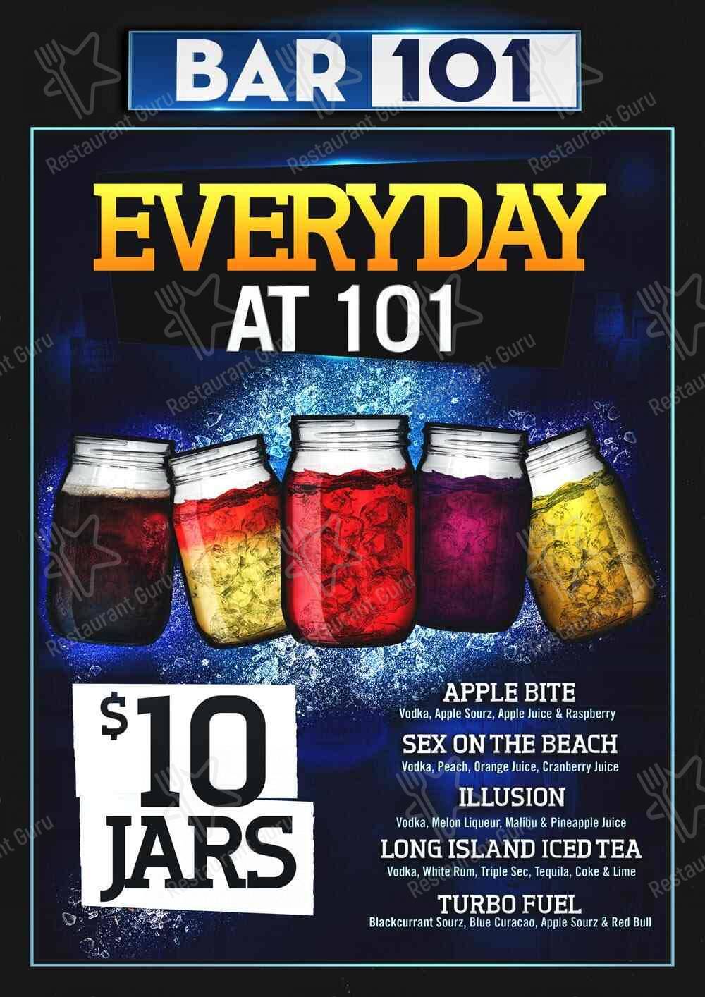 Menu at Bar 101, Auckland