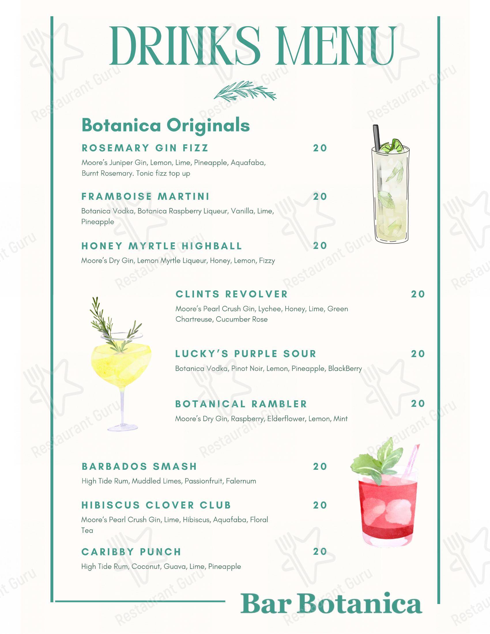 Menu at Bar Botanica, Erina