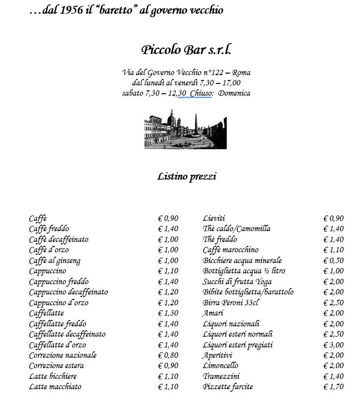 Menu at Bar De Santis Remo, Rome, Via del Governo Vecchio