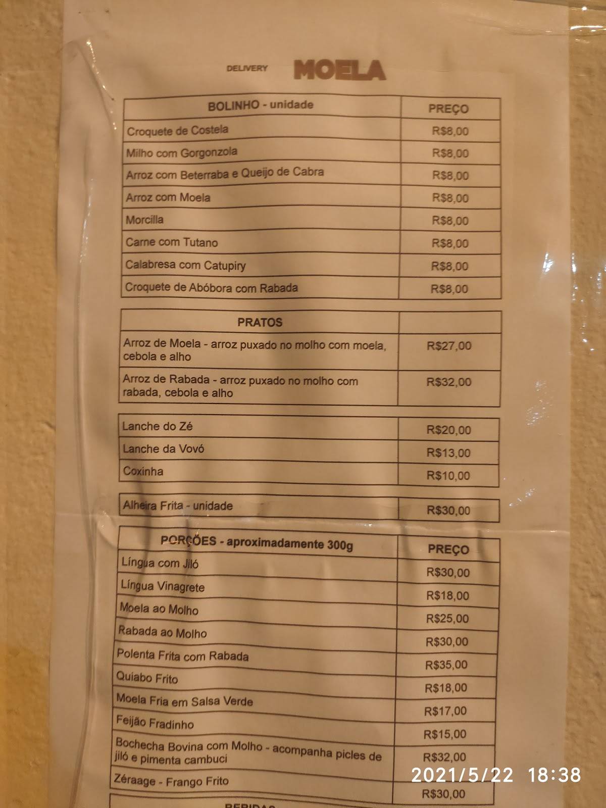 Menu em Bar Moela, São Paulo, R. Canuto do Val