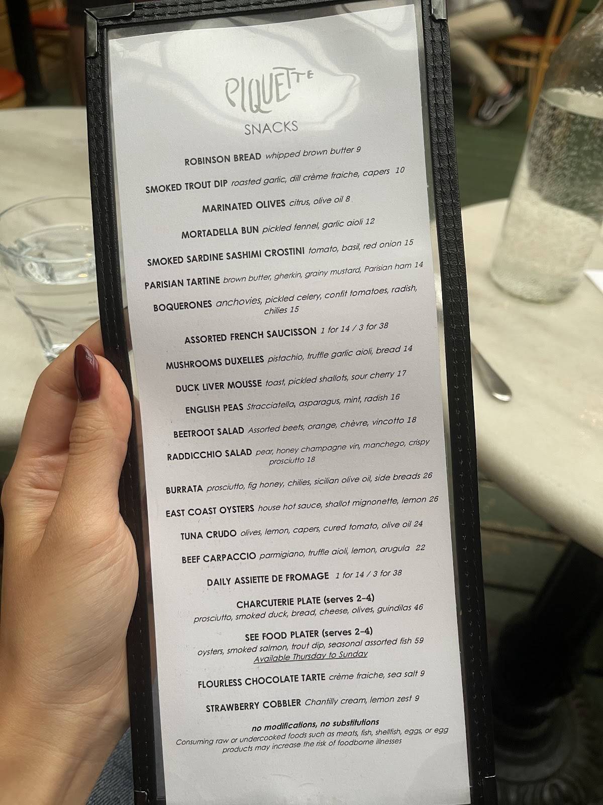 Menu at Bar Piquette, Toronto