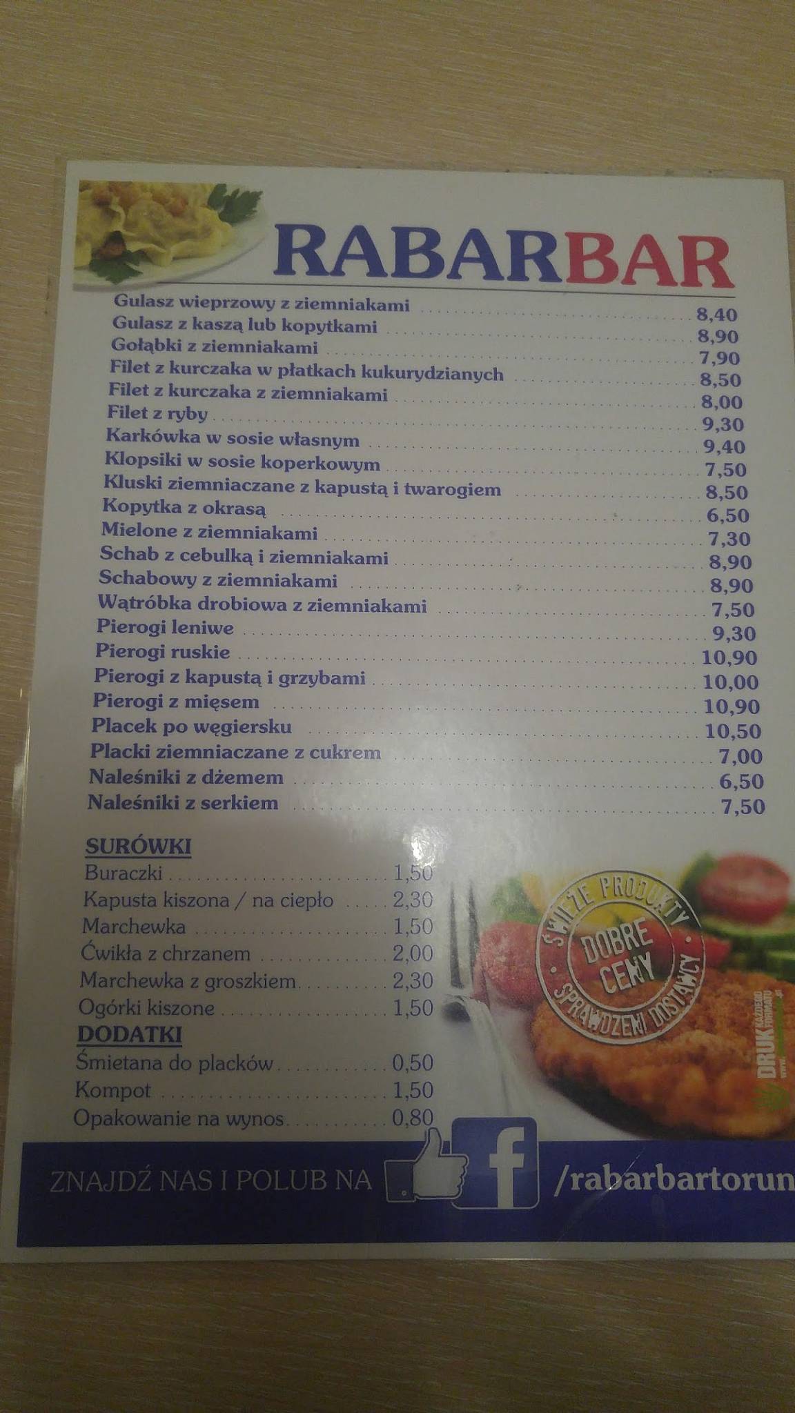 Menu at Bar Rabarbar, Torun