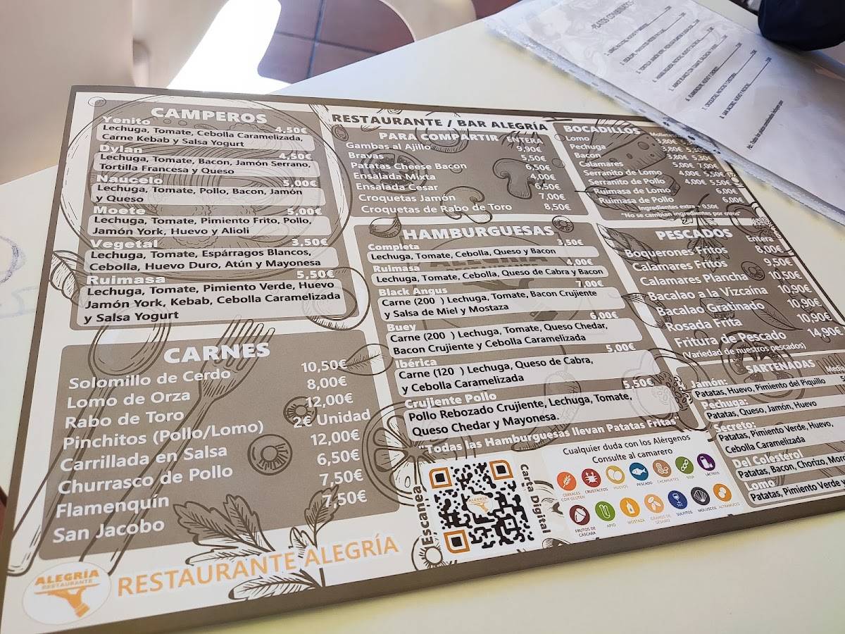 Carta de Bar Restaurante Alegría, Lucena