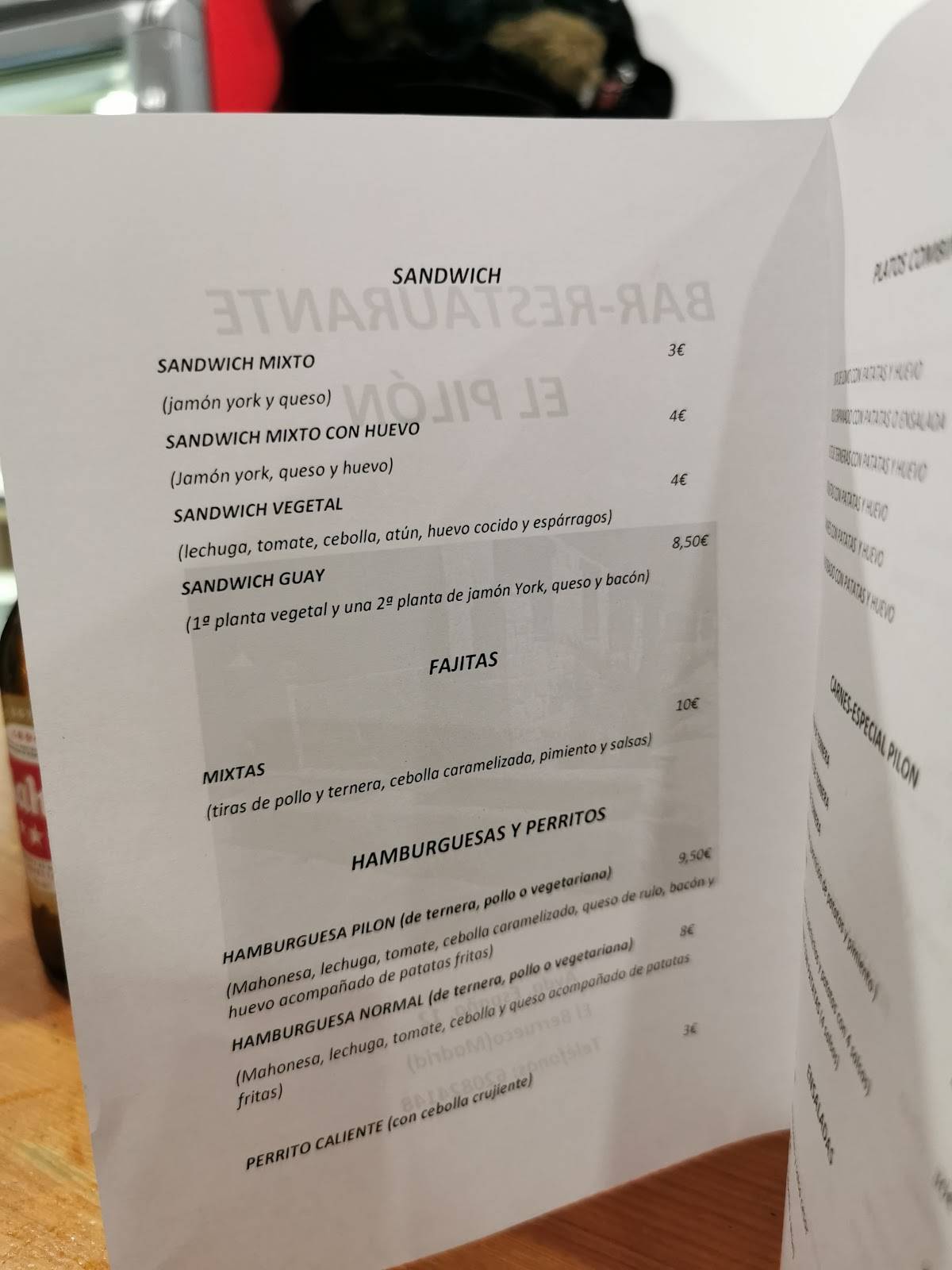 Carta de Bar-Restaurante El Pilón, El Berrueco