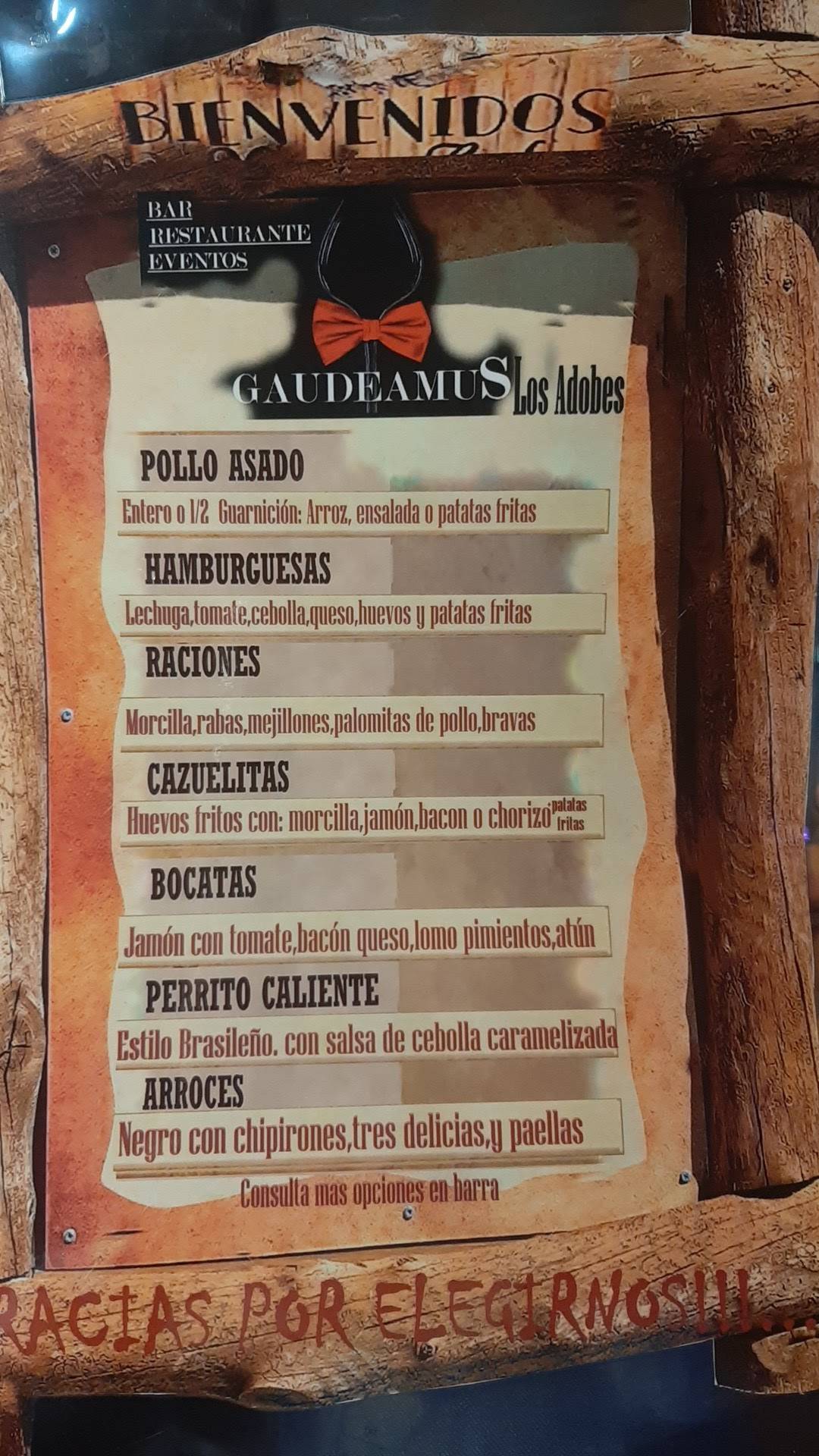 Carta del restaurante Venta los Adobes, Los Tomillares