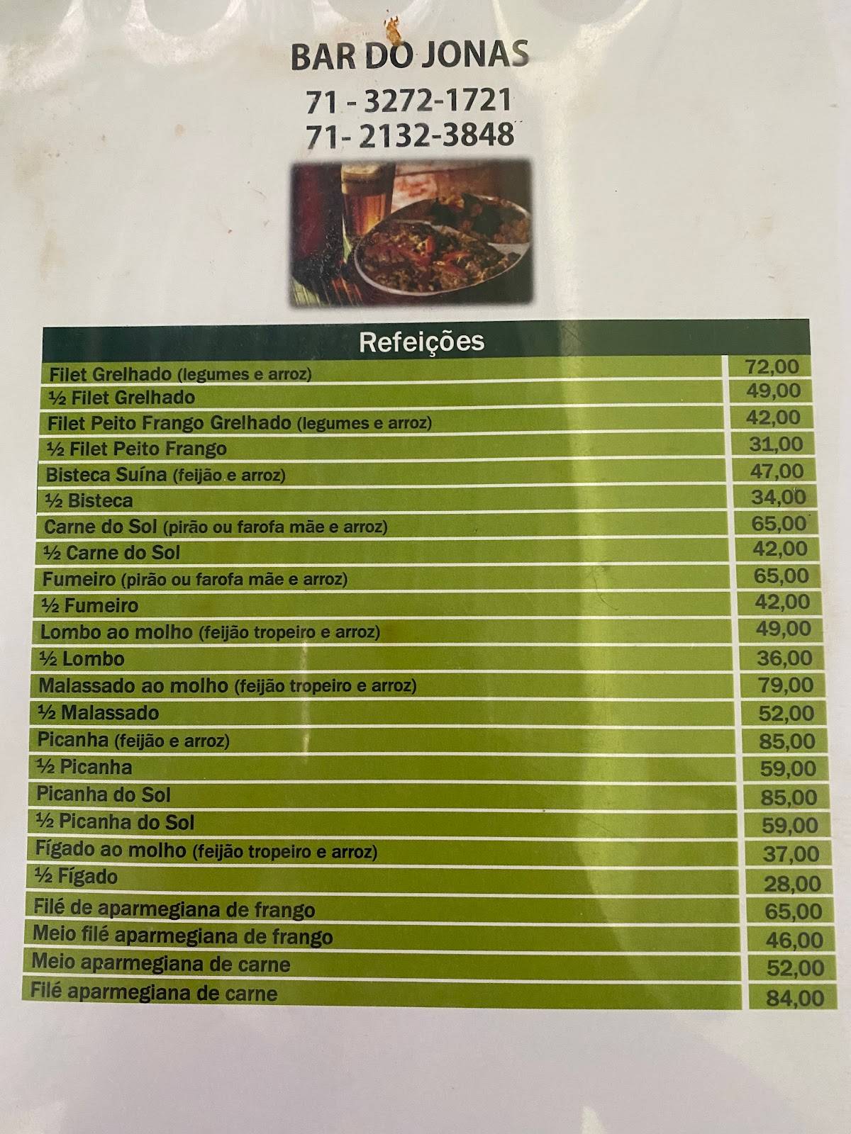 Menu em Bar do Jonas, Salvador, Rua Professor Gerson Pinto