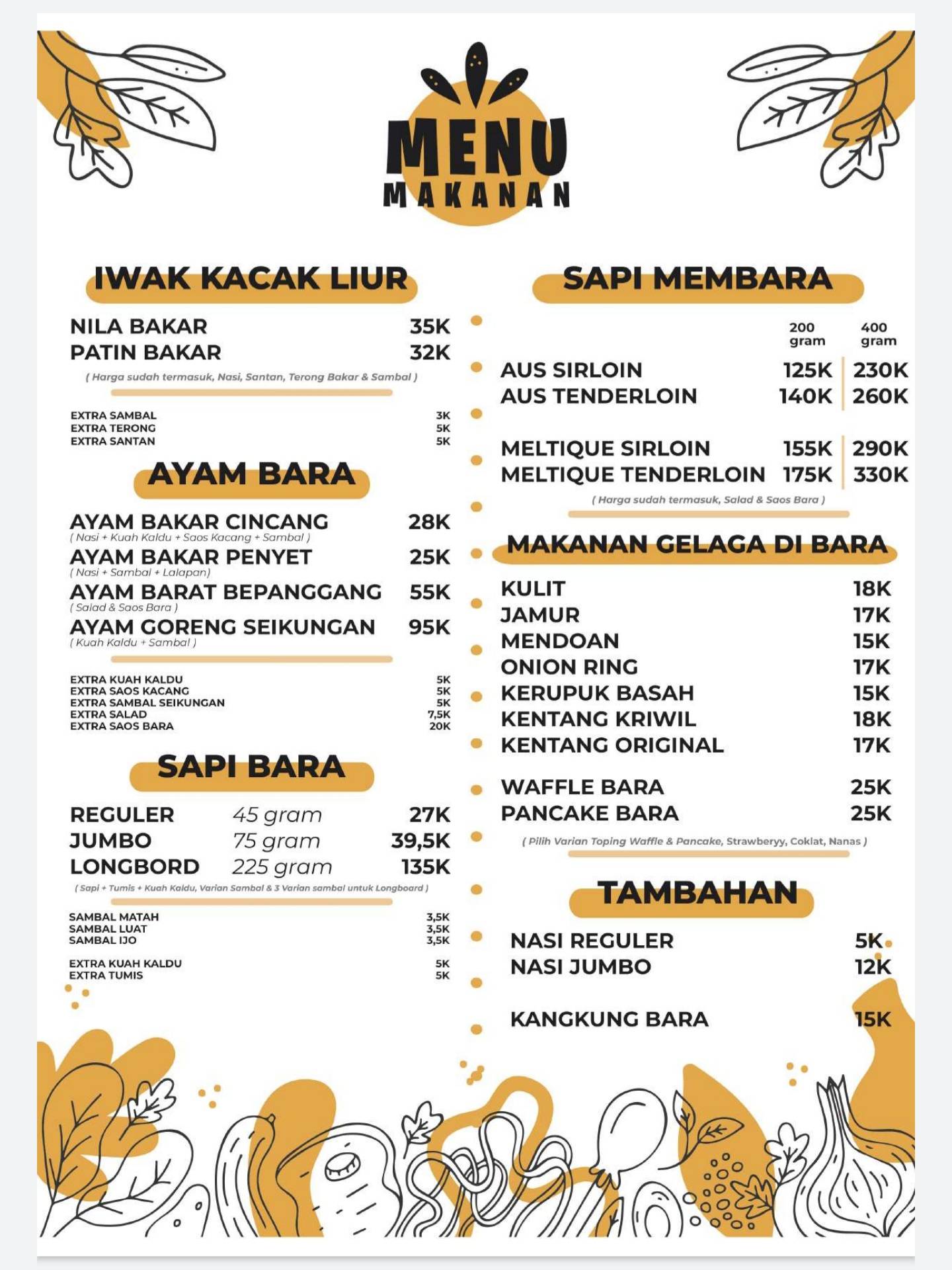 Menu at Bara Arang, Indonesia