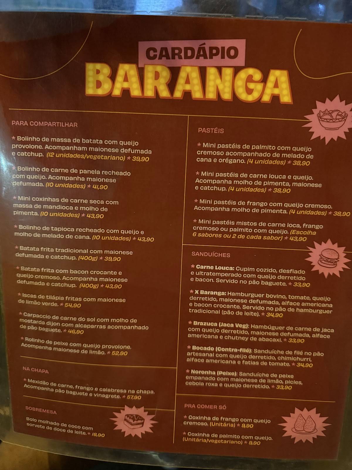 Menu at Baranga Bar, Bauru