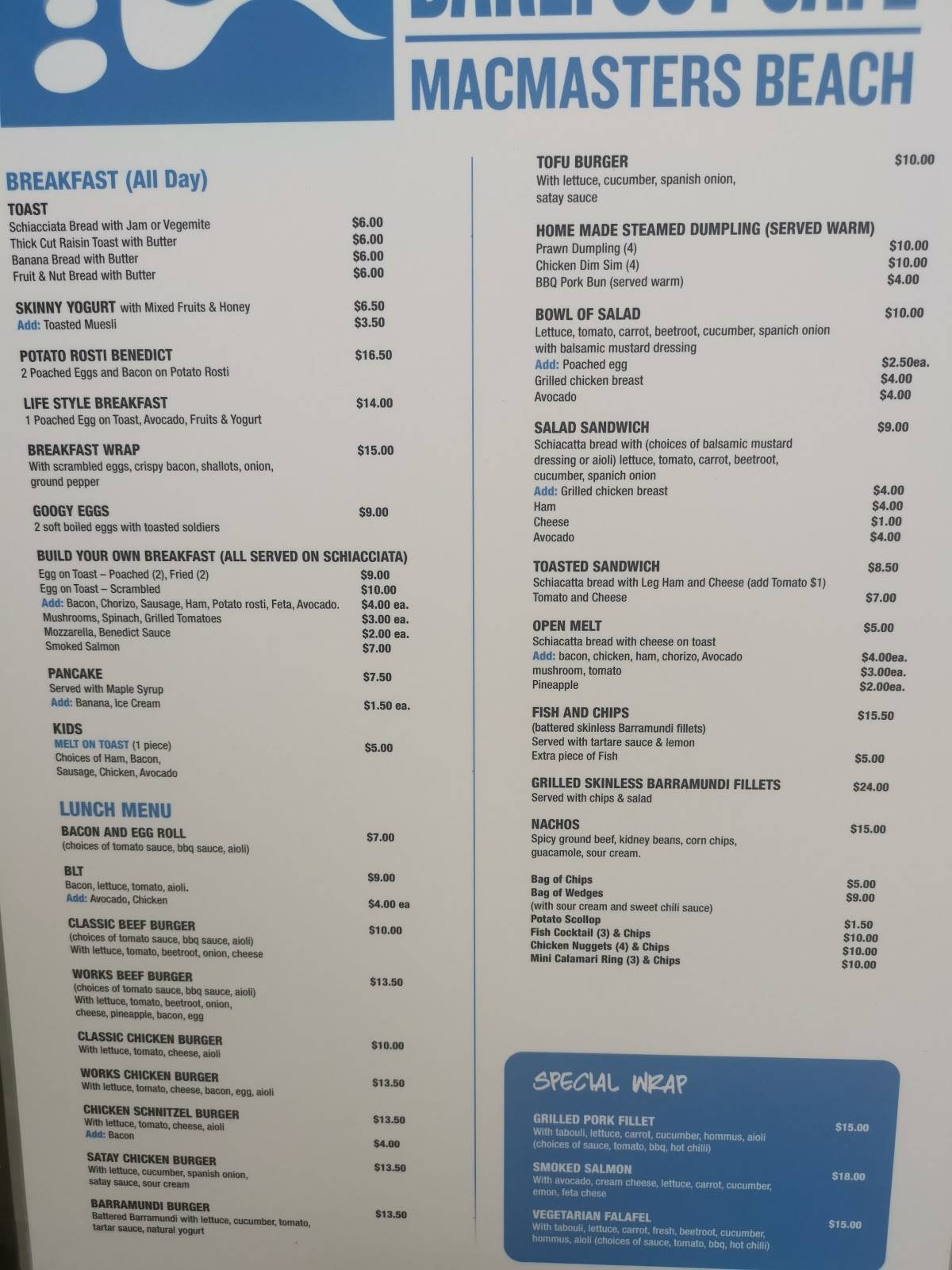 Carta de Barefoot Café, Macmasters Beach