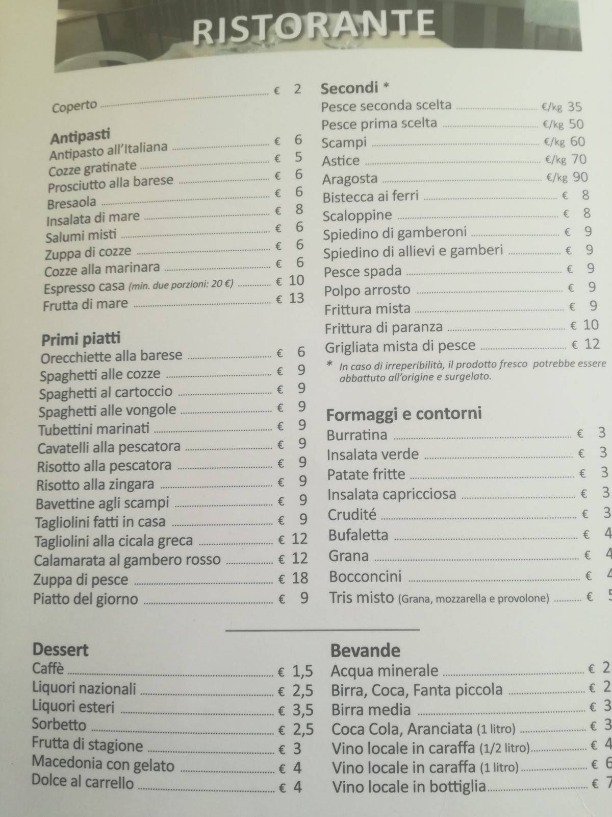 Carta del restaurante Zia Teresa, Bari