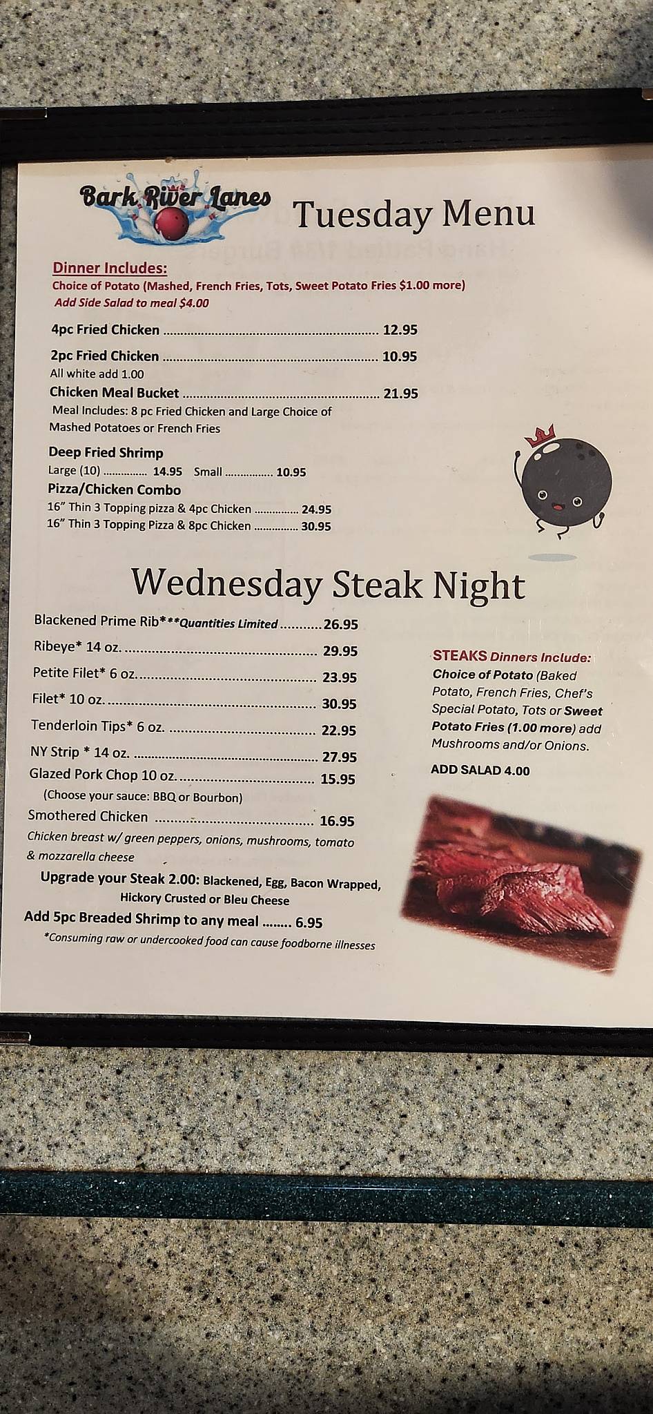 Menu at Bark River Lanes, Rome