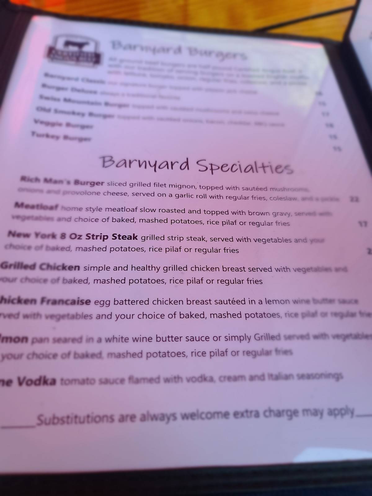 Menu at Barnyard & Carriage House, Totowa