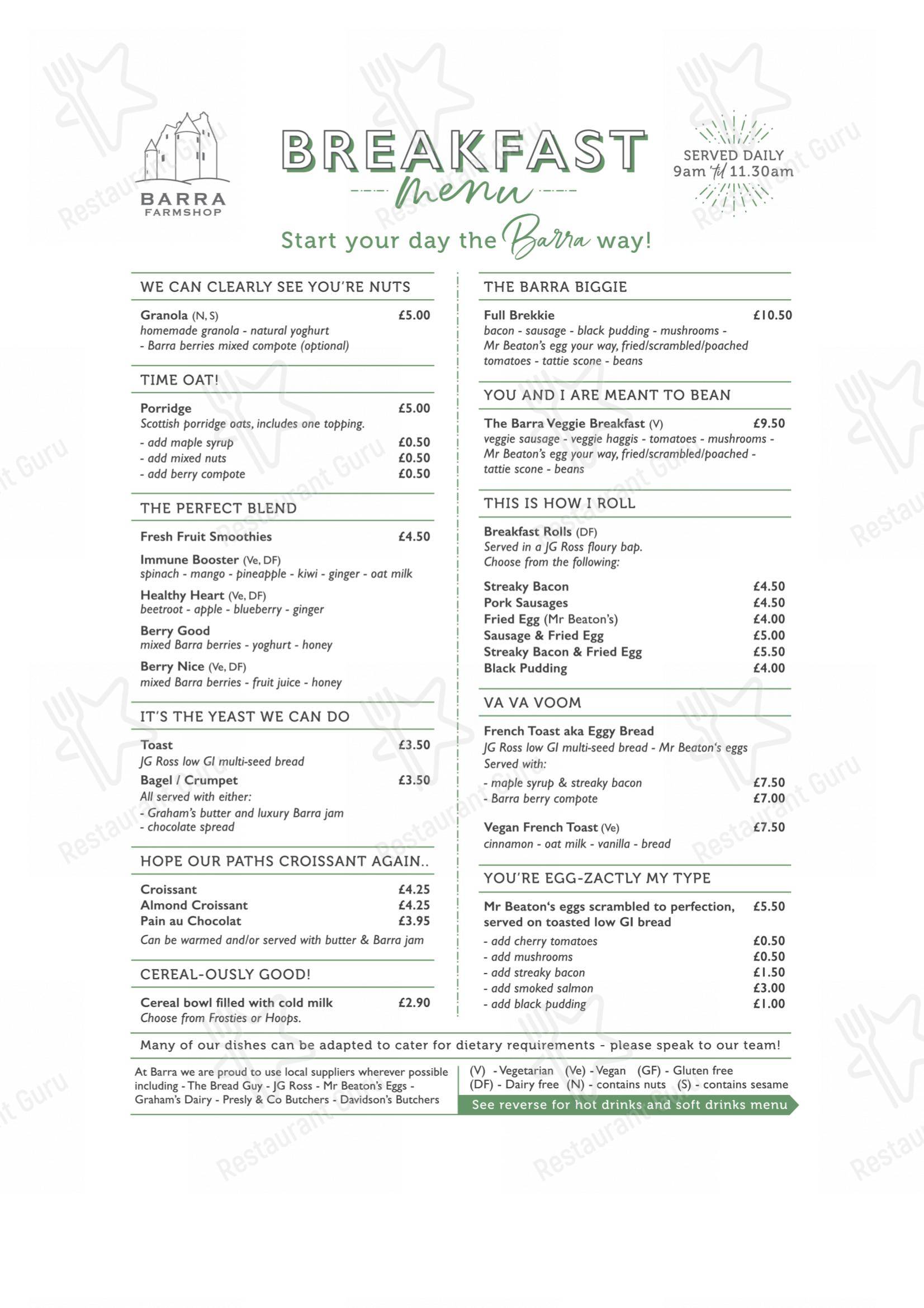 Menu at Barra Farm Shop & Kitchen, Oldmeldrum