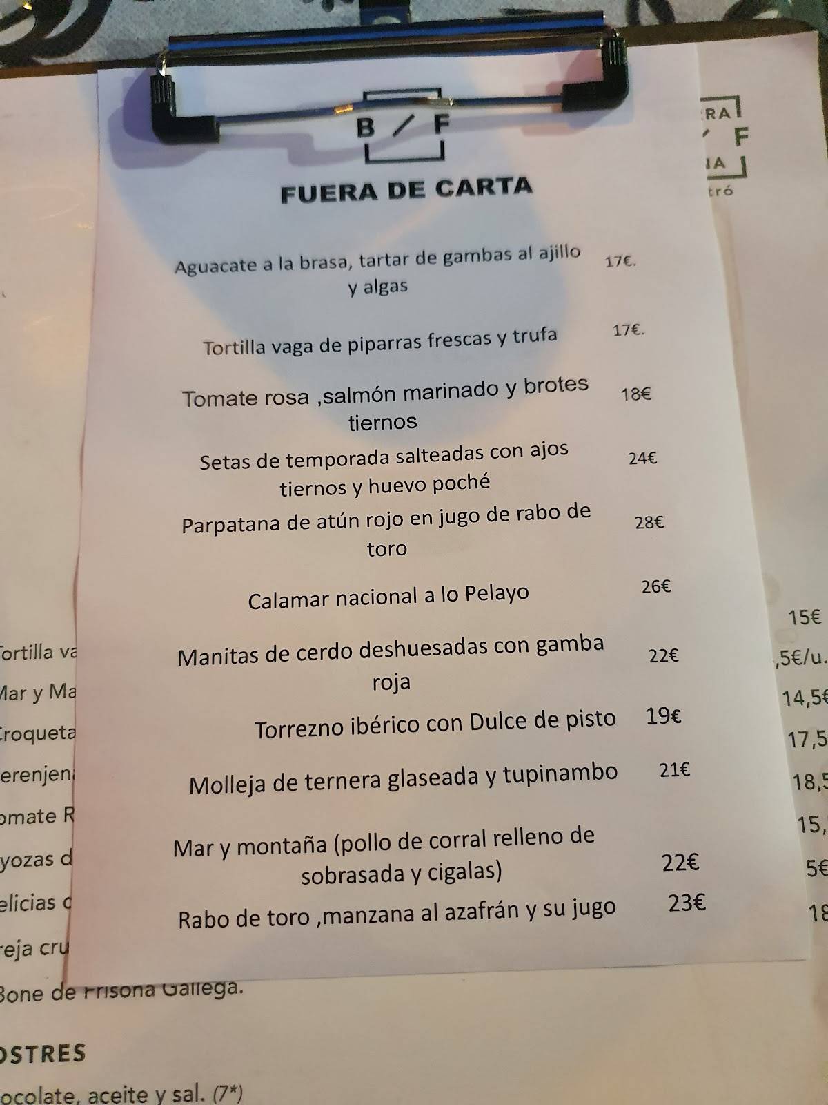 Carta de Restaurante BarraFina, Madrid