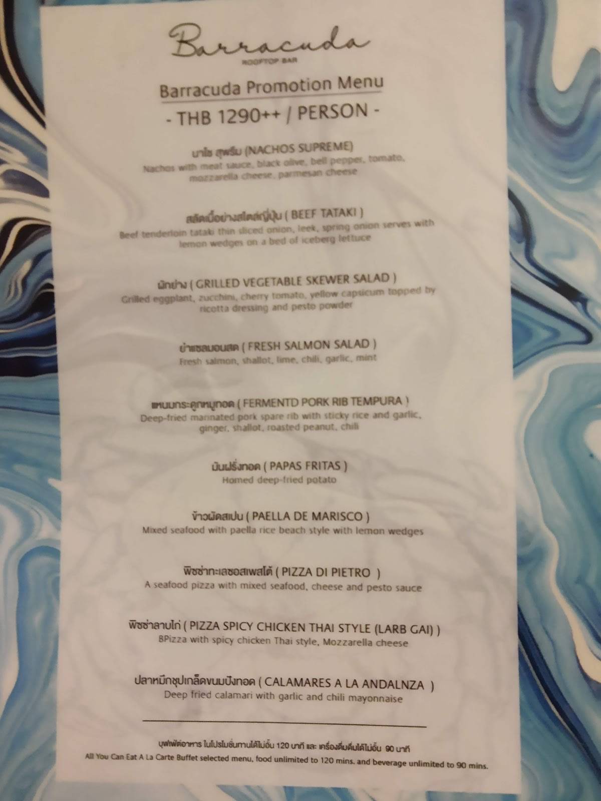 Carta de Barracuda Rooftop Bar, Bangkok