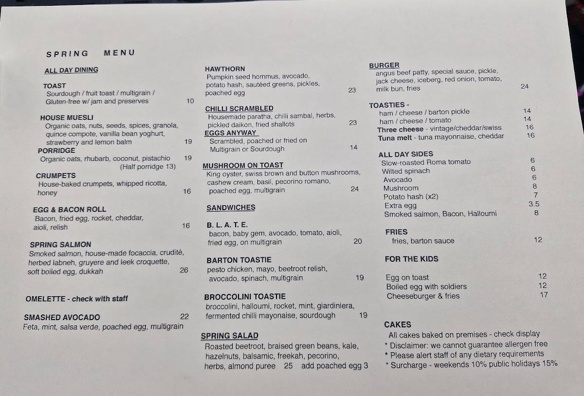 Menu at Barton Milk Bar, Hawthorn