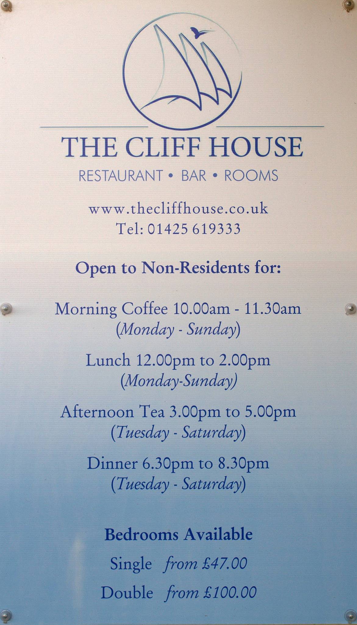 Menu at The Cliff House restaurant, New Milton