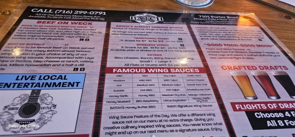 Menu at Batch pub & bar, Niagara Falls