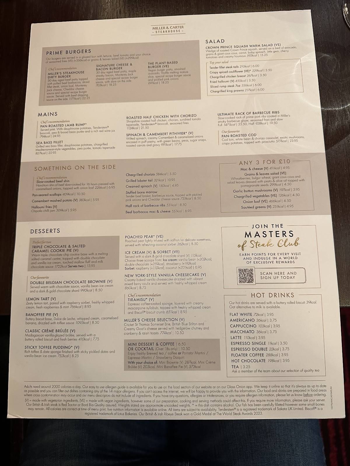 Menu at Miller & Carter Bath steakhouse, Bath