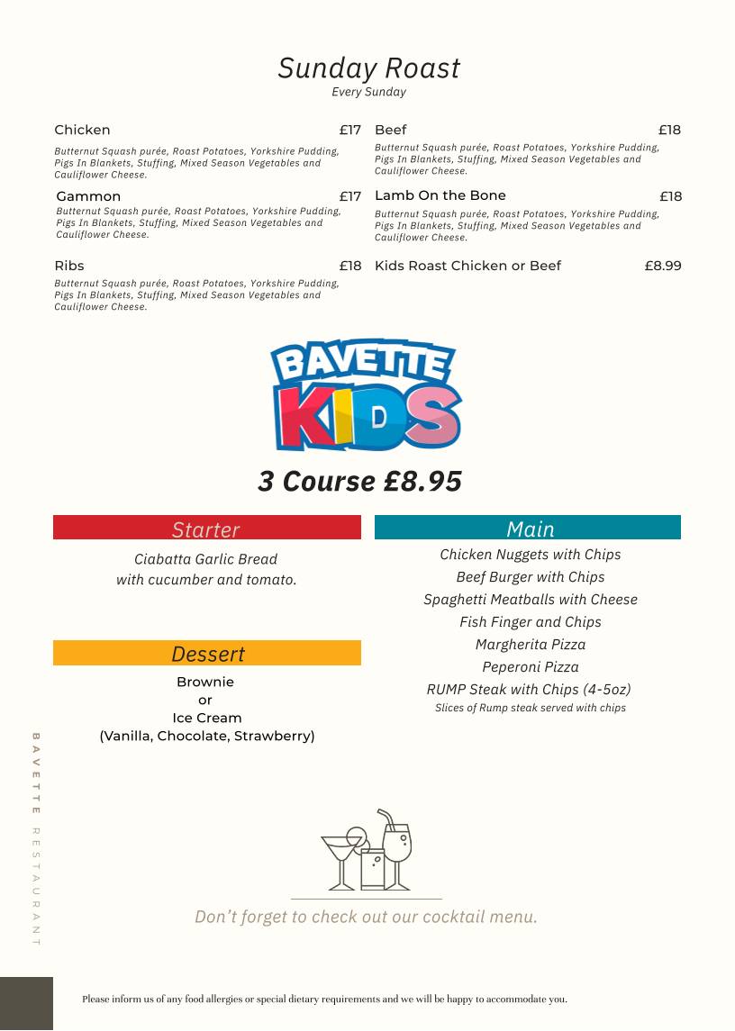 Menu at Bavette Steak House - Turkish Restaurant, Warrington