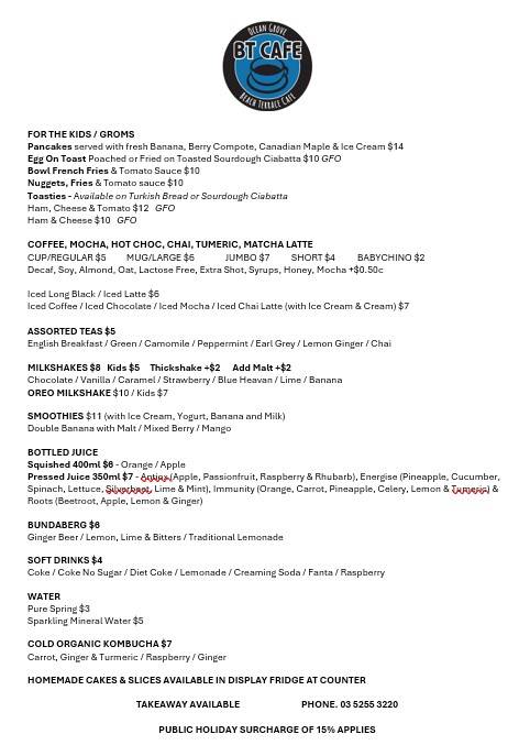 Menu at Beach Terrace Cafe, Ocean Grove
