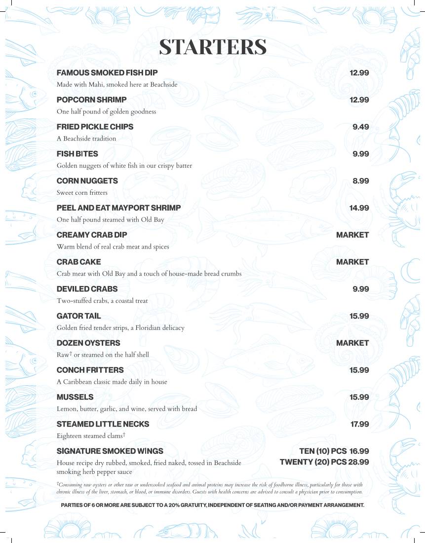 Menu at Beachside Seafood Restaurant & Market, Jacksonville Beach