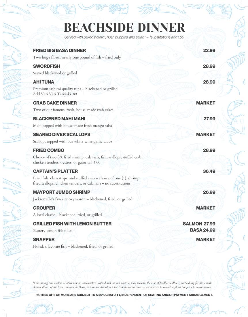 Menu at Beachside Seafood Restaurant & Market, Jacksonville Beach
