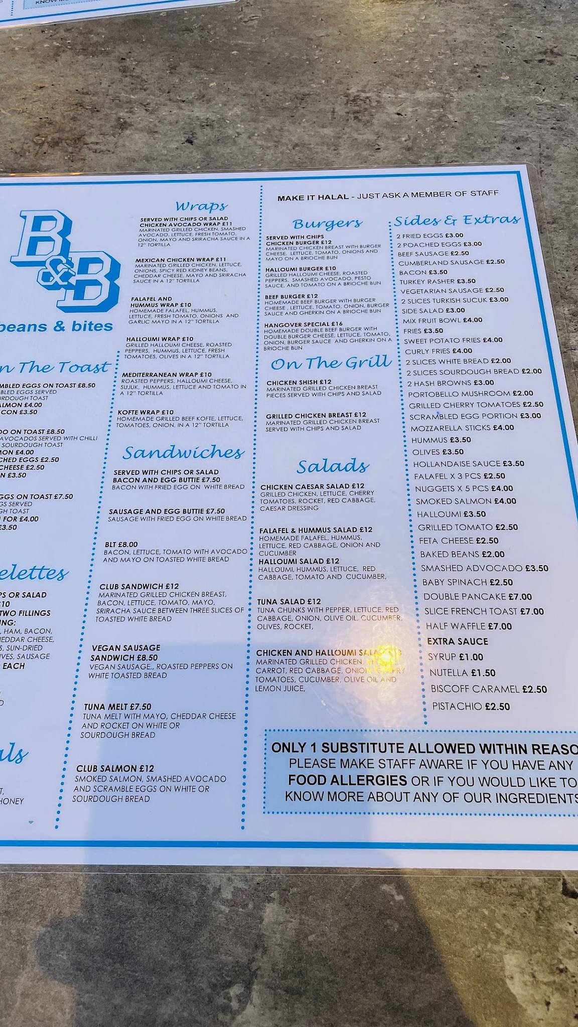 Menu at Beans & Bites cafe, London
