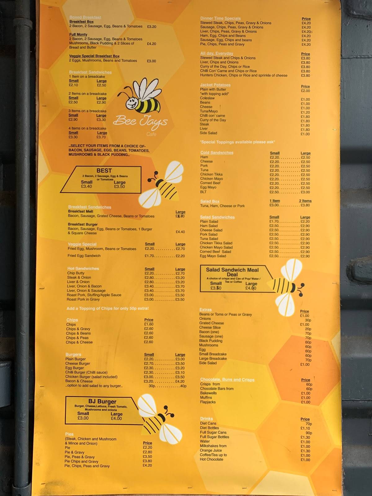 Menu at Bee Jay's Cafe, Rotherham