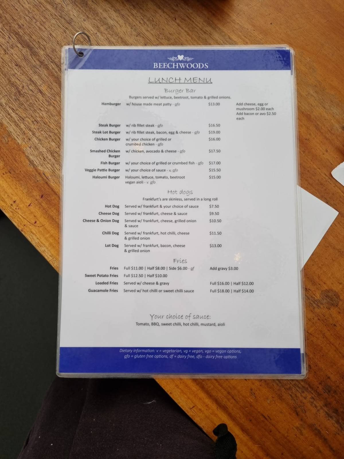 Menu at Beechwoods Cafe Milk Bar, Mossman