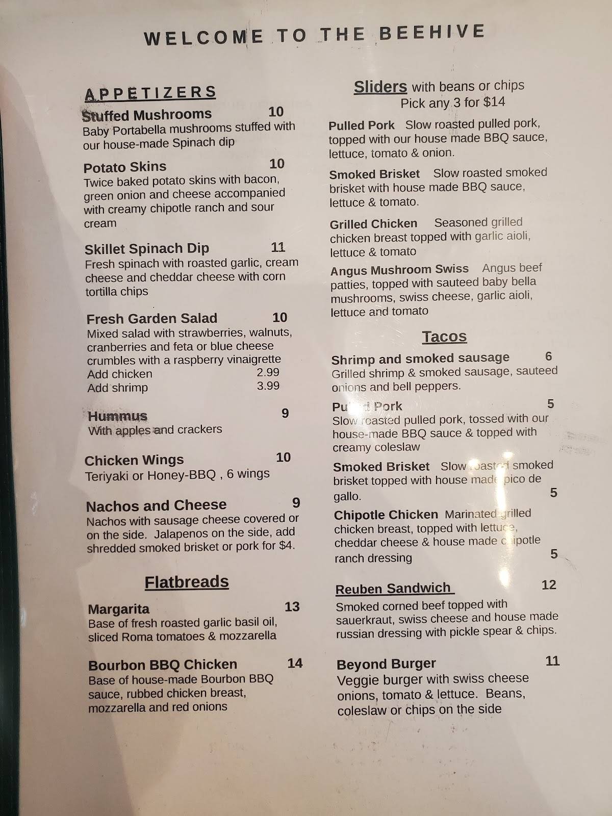 Menu at Beehive Neighborhood Hangout restaurant, Hot Springs Village