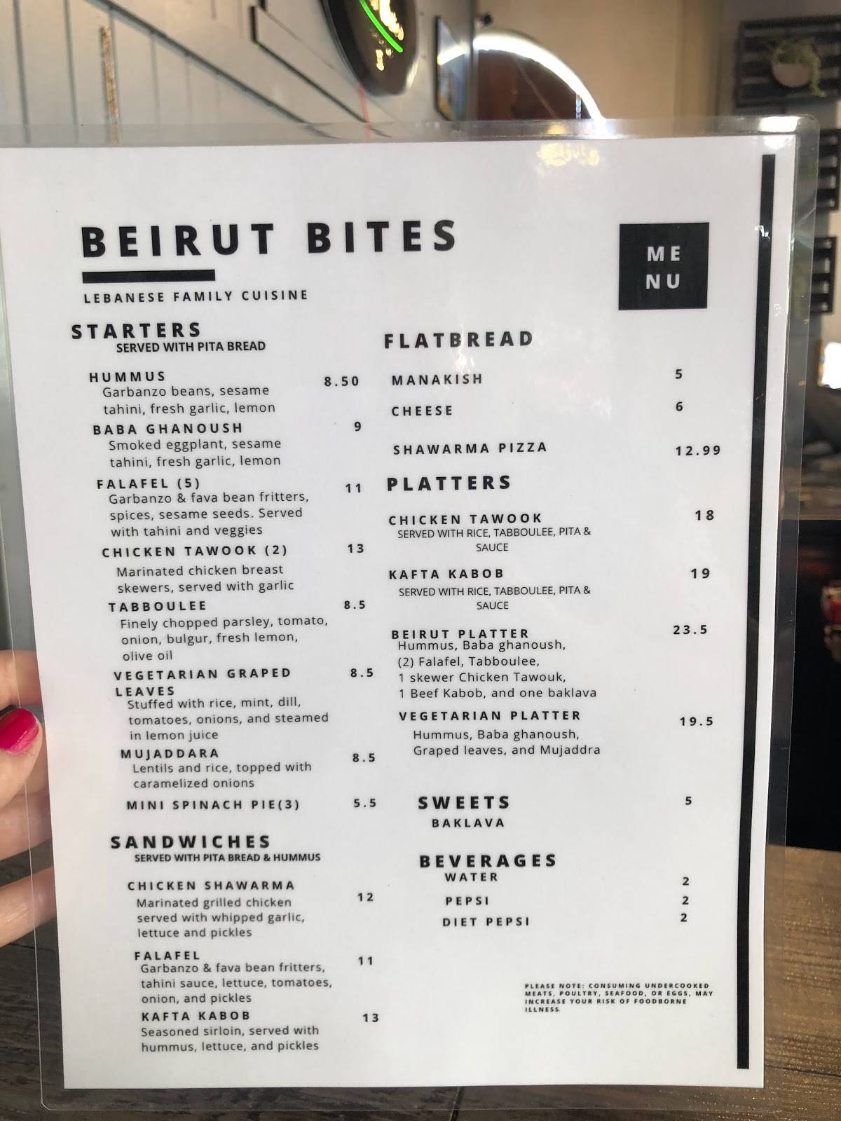 Menu at Beirut Bites restaurant, Mount Dora