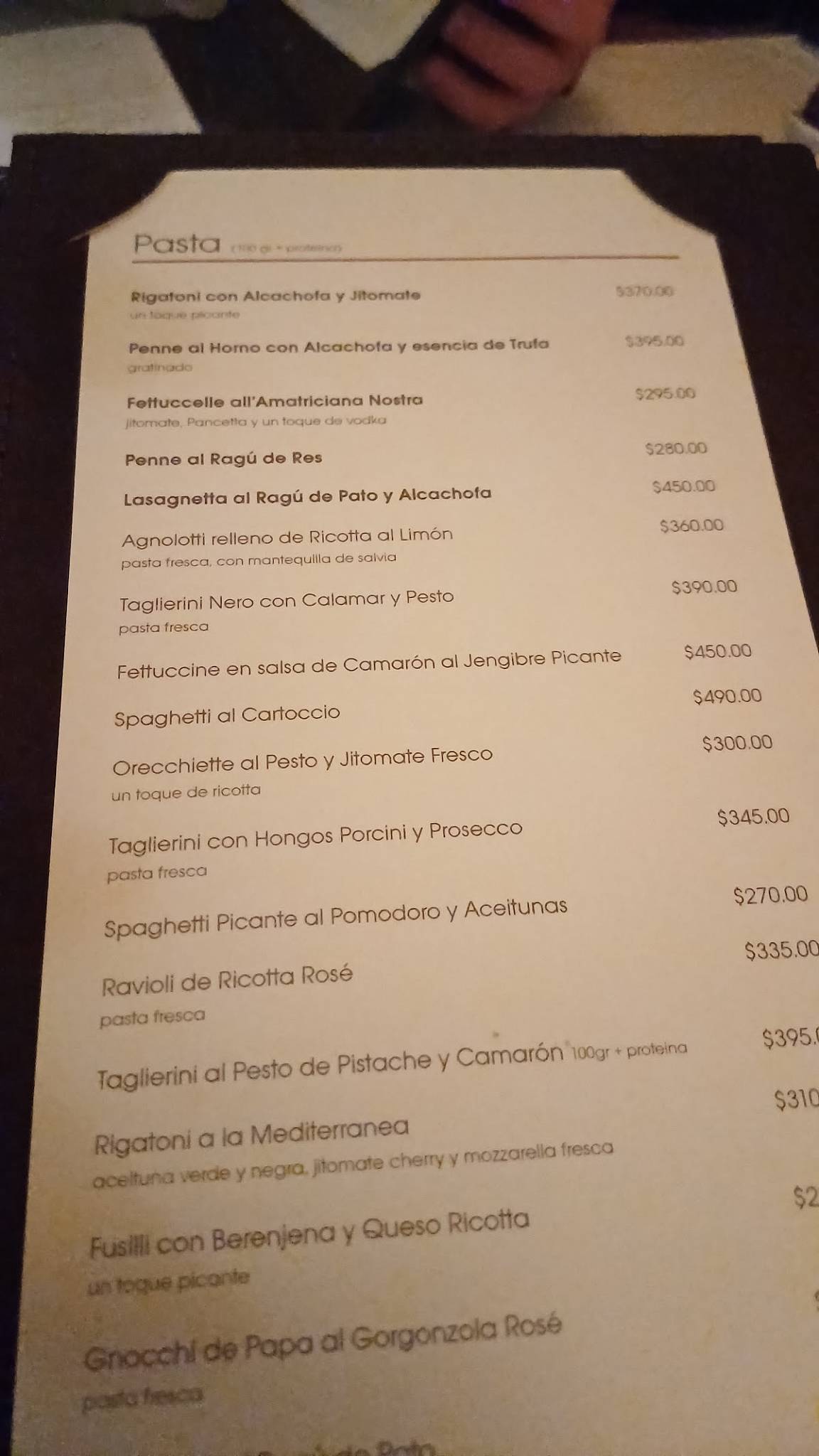Carta del restaurante Belfiore, Ciudad del México