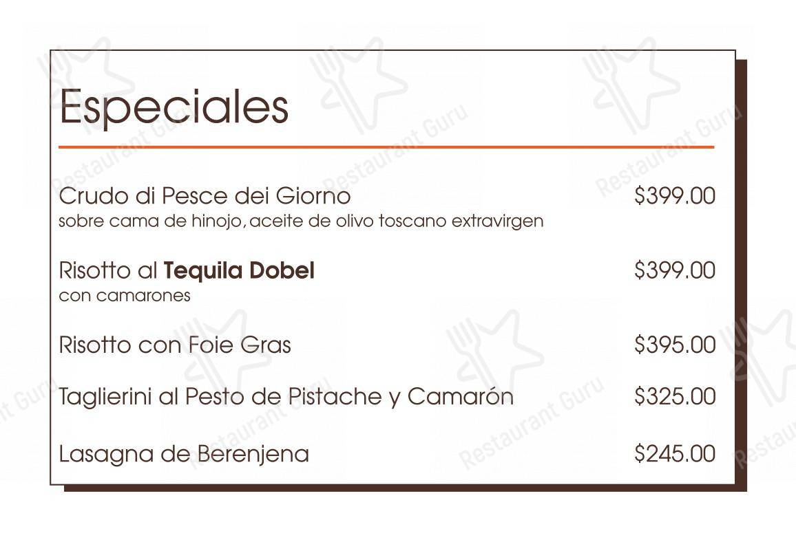 Carta del restaurante Belfiore, Ciudad del México