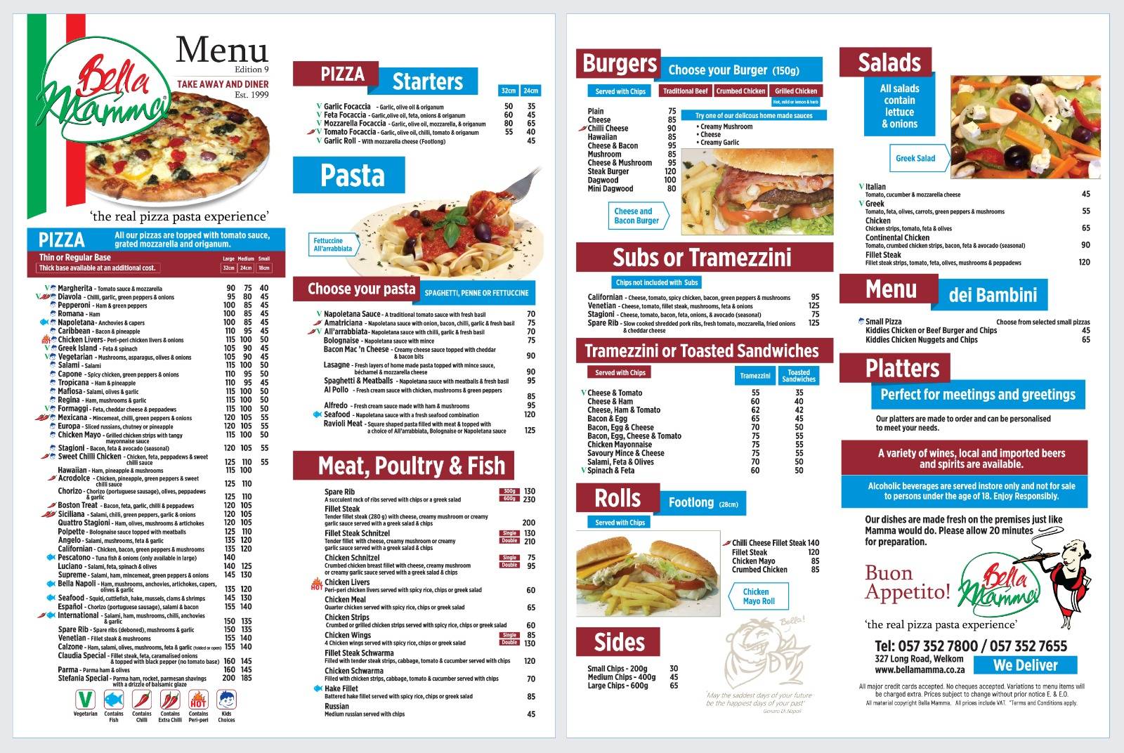 Menu at Bella Mamma restaurant, Welkom