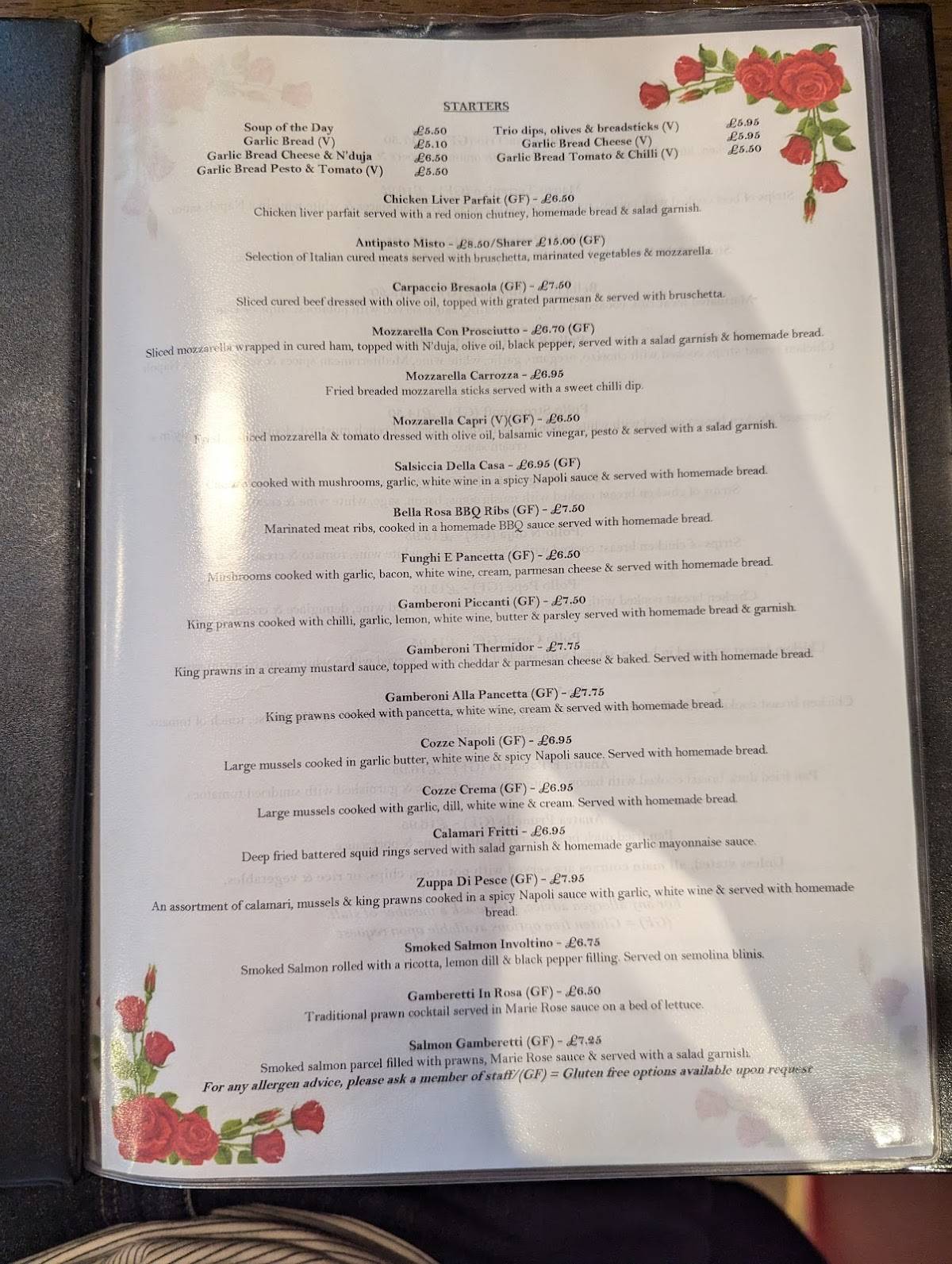Menu at Bella Rosa Italian Restaurant, Hull