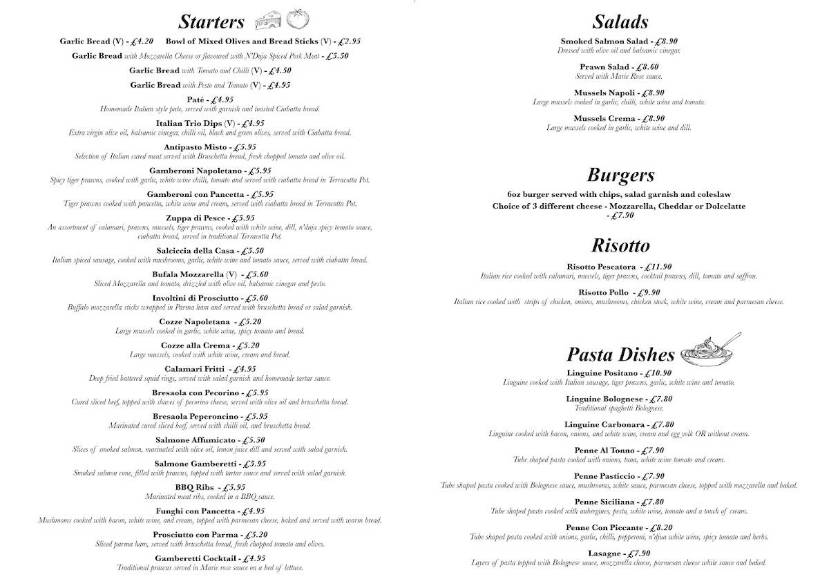 Carta de Bella Rosa Italian Restaurant, Kingston Upon Hull