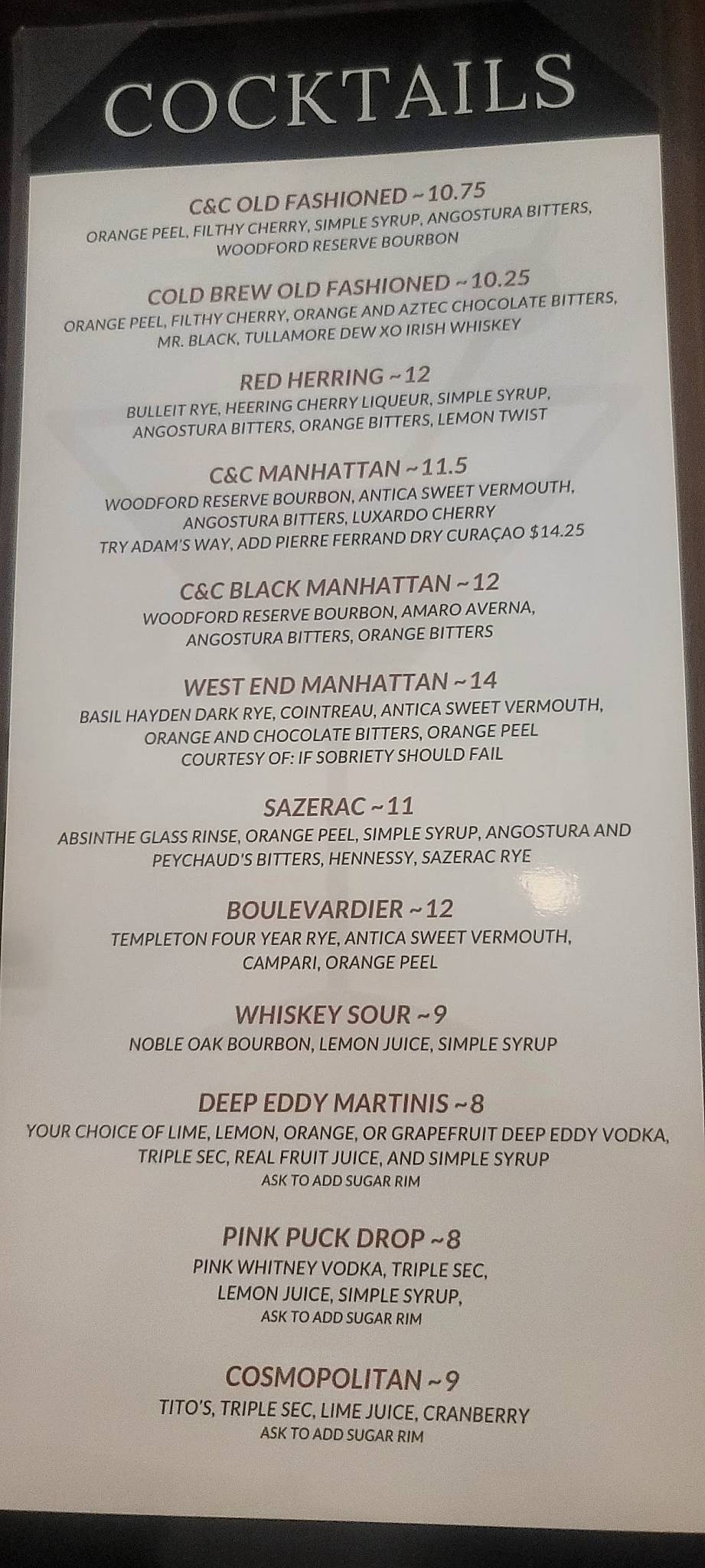 Menu at Cured and Cultured restaurant, Belleville