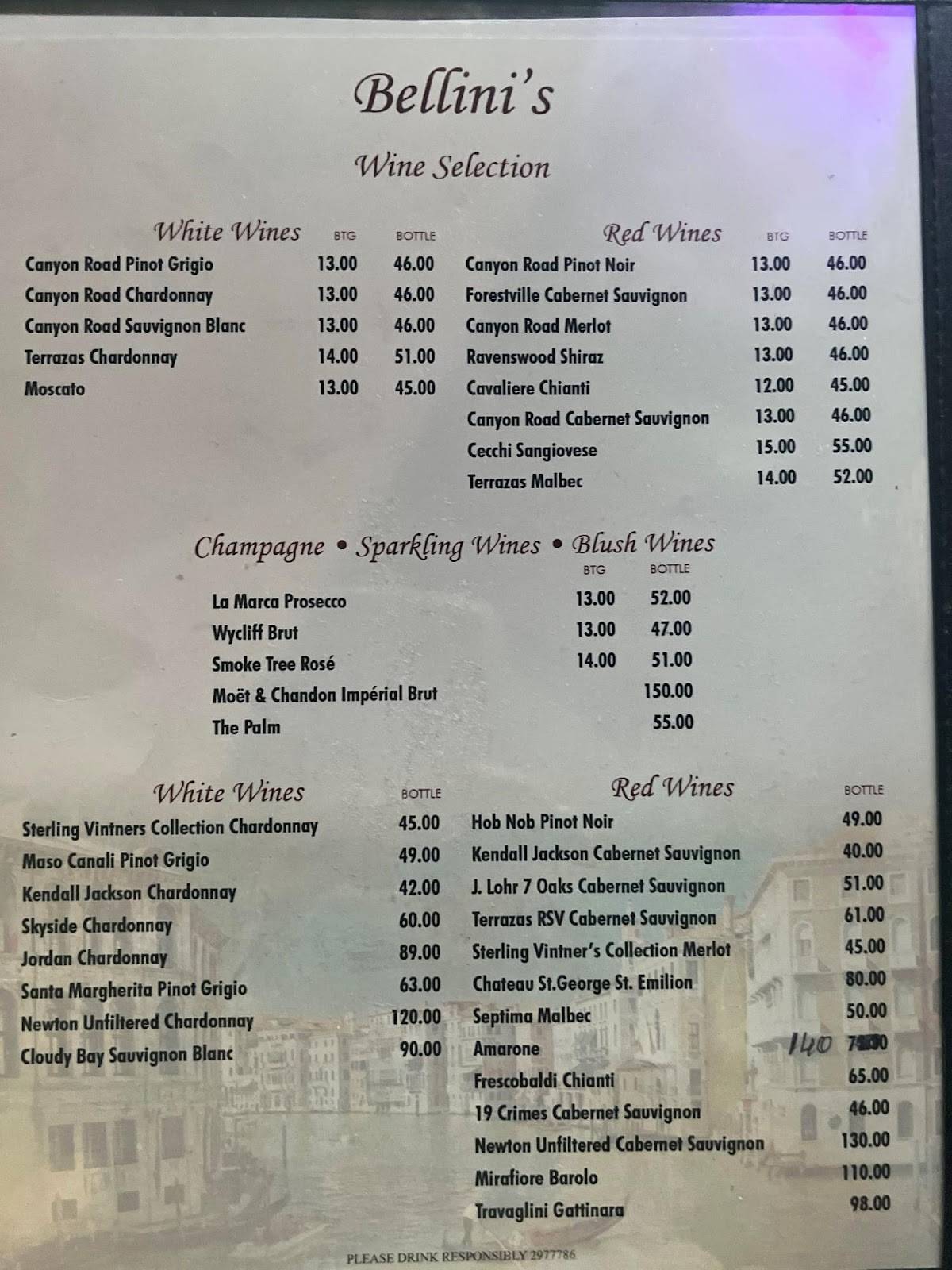 Menu at Bellini's Italian Cafe and Bar, Dallas